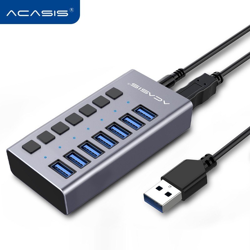 ACASIS 7 Port USB 3.0 HUB Support BC1.2 Charging with 12V Power Adapter Aluminum USB Splitter ...