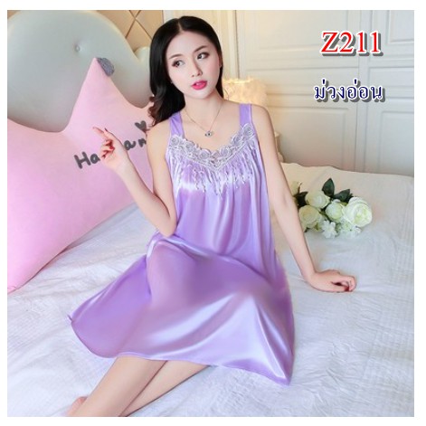 ชุดนอน ชุดนอนผ้าซาติน กระโปรง เกระโปรงชุดเดรสยาวสำหรับสตรีเซ็กซี่แขนกุด ดรสลายลูกไม้ Z211 ...