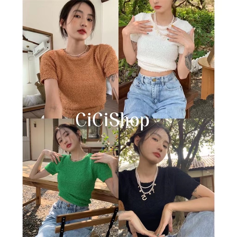 Cicishop(SALE/สุ่ม C223)เสื้อไหมพรมแขนั้น ขนมิ้งนิ่มๆปุยๆ คอกลม สาวกเกาหลีต้องมีน้า | Shopee ...