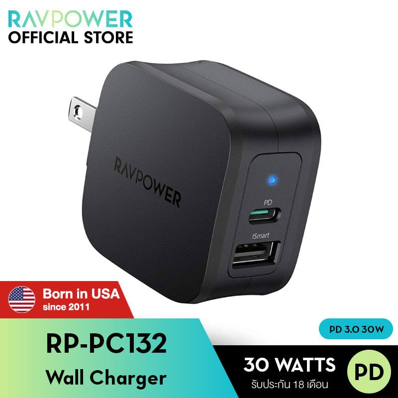 RAVPower ที่ชาร์จแบต Wall Charger รุ่น RP-PC132 PD Pioneer 30W PD+USB-A 30W USB C Dual Port ...