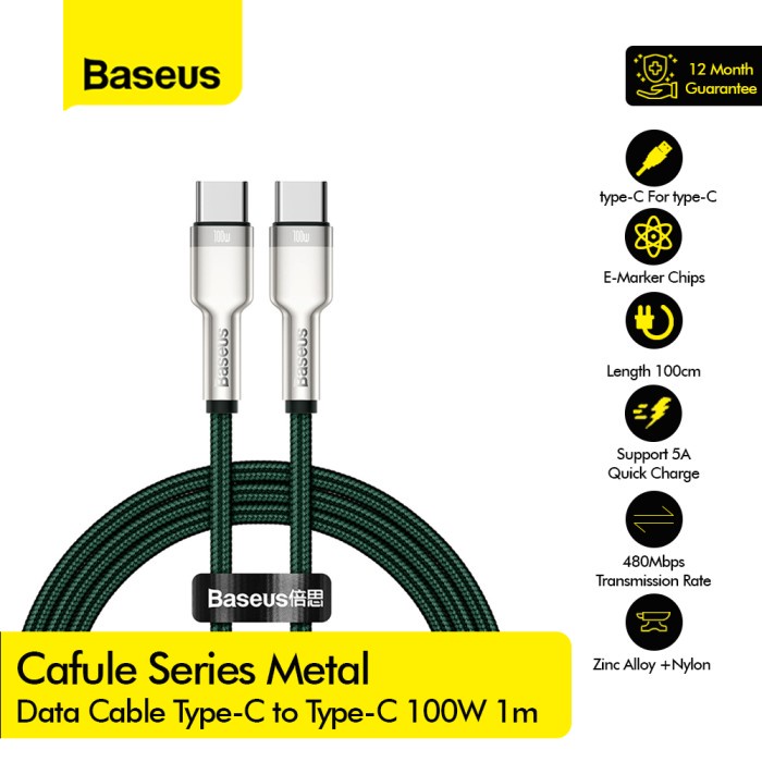 Baseus Cafule Series สายเคเบิลข้อมูลโลหะ C ถึง C 100w 1 เมตร Catjk C Shopee Thailand