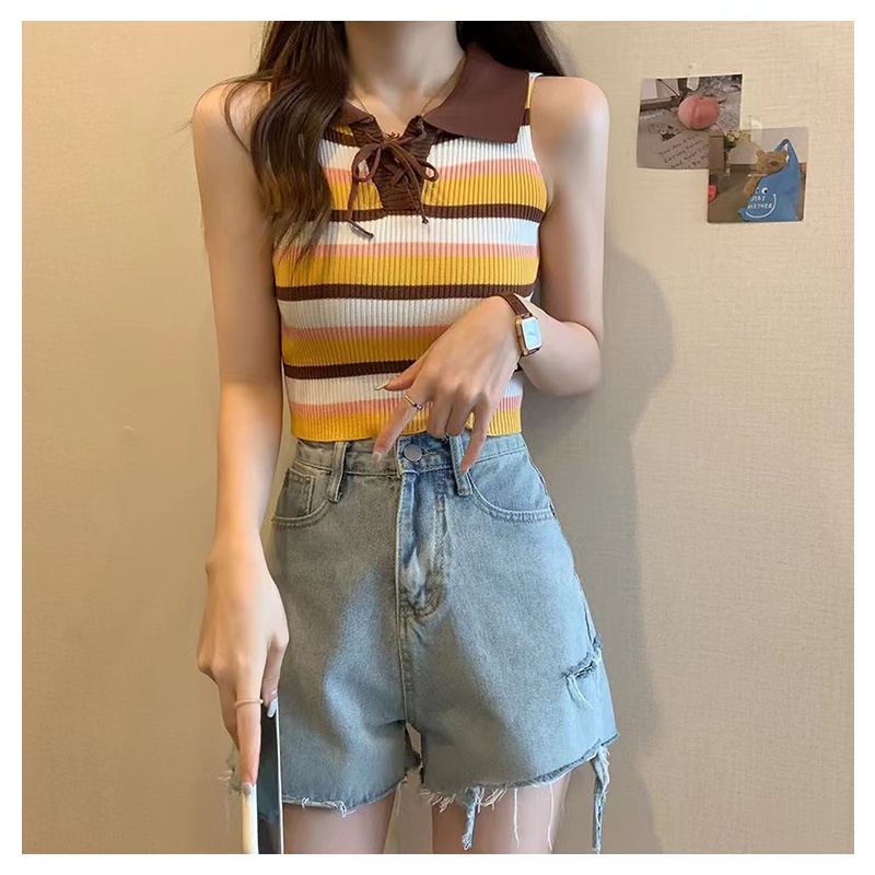 Cicishop(Y046/86032)เสื้อแขนกุดลายทาง คอปก แต่งสายผูกโบว์ สีพาสเทลสลับ ...