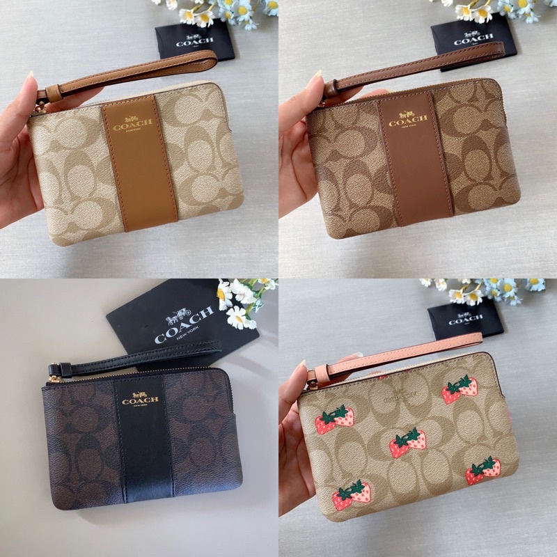 🎀 คล้องมือ 1S สีเบจลายซี คาดสี COACH F58035 58035 CORNER ZIP WRISTLET ...