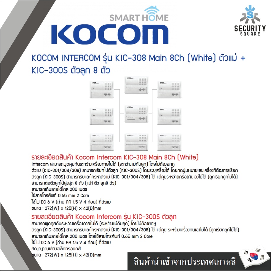 KOCOM INTERCOM รุ่น KIC-308 Main 8Ch (White) ตัวแม่ + KIC-300S ตัวลูก 8 ตัว | Shopee Thailand