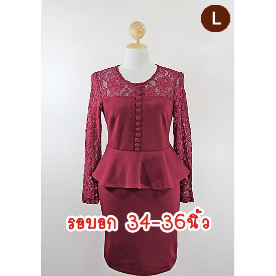 E1732-5-L-ชุดเดรส สีแดง ผ้าลูกไม้หรูและผ้ายืดเนื้อหนานิ่ม(ผ้าสกูบ้า ...