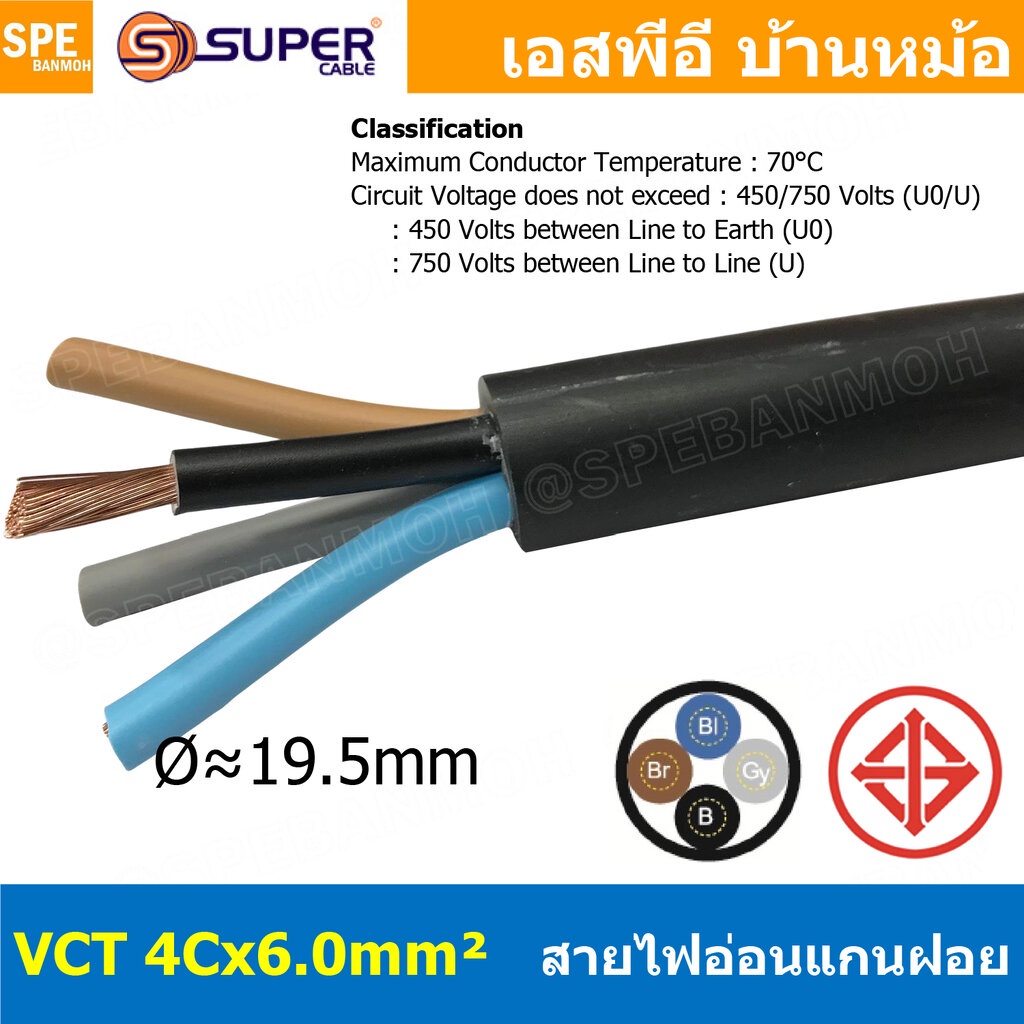 [ 1 เมตร ] VCT-4x6.0 สาย VCT 4C X 6.0 sq.mm สายอ่อน 4 คอร์ Size 6.0 sq.mm VCT AC Power Cable ...