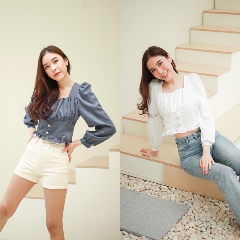 Yuri top เสื้อจับจีบแต่งกระดุม 2 สี (ขาว,เทากรม) | Shopee Thailand