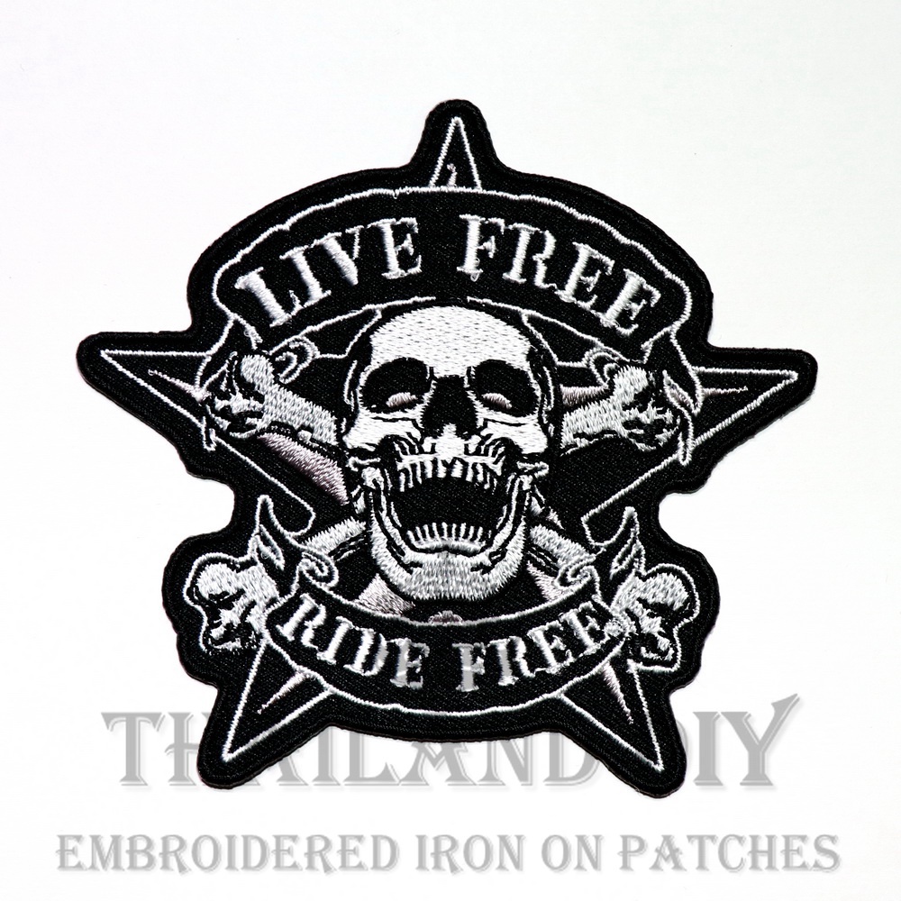 ☠ ตัวรีดติดเสื้อ งานปัก หัวกะโหลก นักแข่ง ไบค์เกอร์ Live Free Ride Free ...