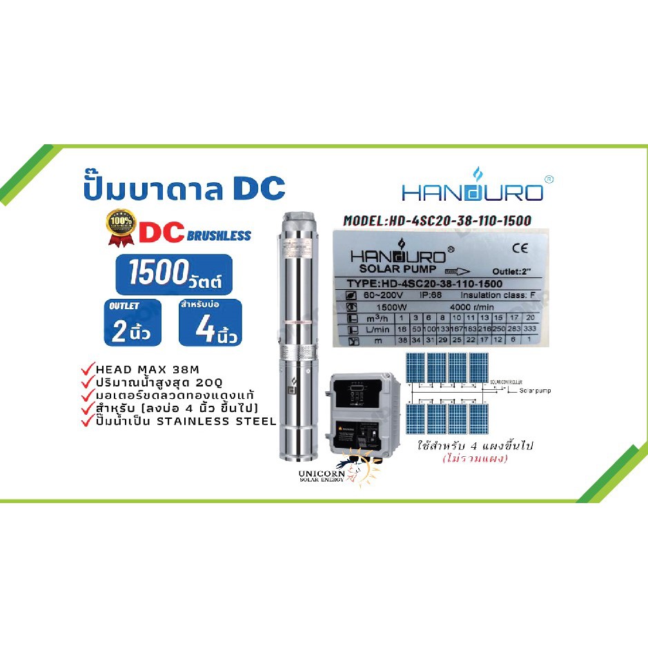 โซล่าร์ปั๊มบาดาล HANDURO 1500W ท่อออก 2'' บ่อ 4นิ้ว รุ่น HD-4SC20-38 ...