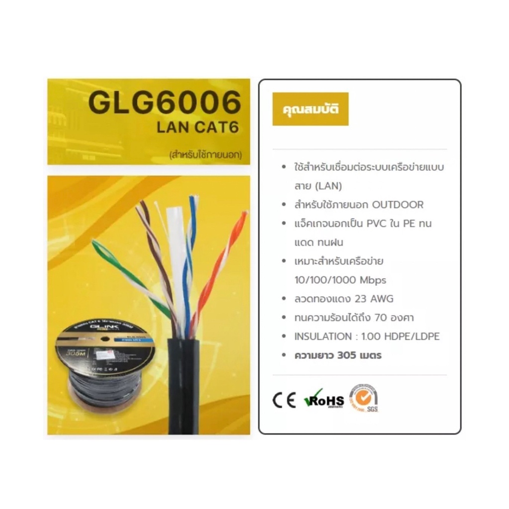 GLINK รุ่น GLG6006 OUTDOOR สายCAT6 GOLD SERIES ความยาว 305เมตร | Shopee ...