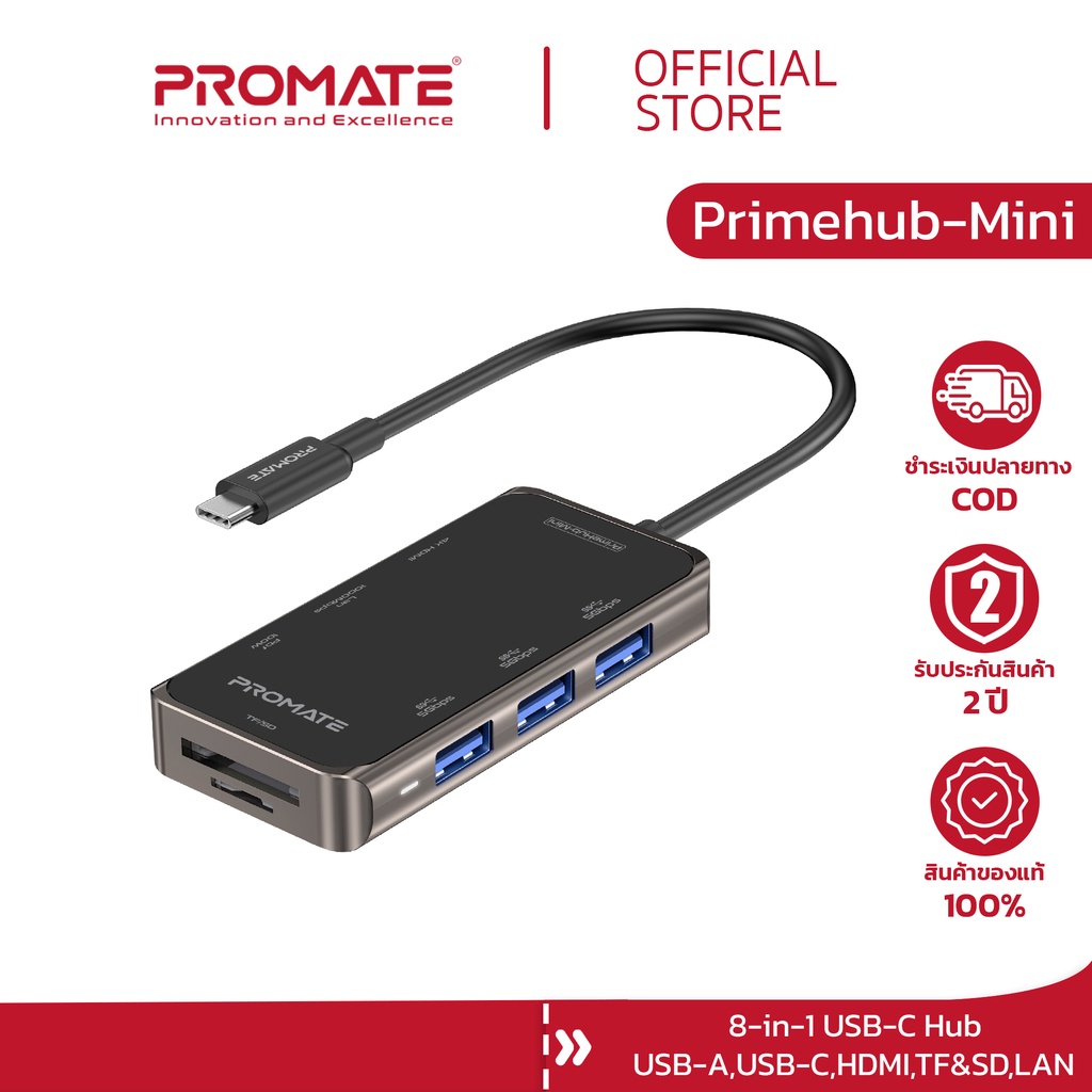 PROMATE USB-C HUB (รุ่น PrimeHub-Mini) 8-in-1 USB-C Hub with 100W Power ...