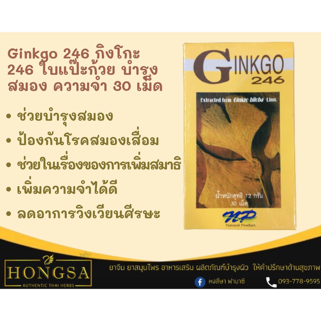 Ginkgo 246 กิงโก ใบแป๊ะก้วย บำรุงสมอง ช่วยเรื่องความจำ 30 เม็ด (1 กล่อง ...