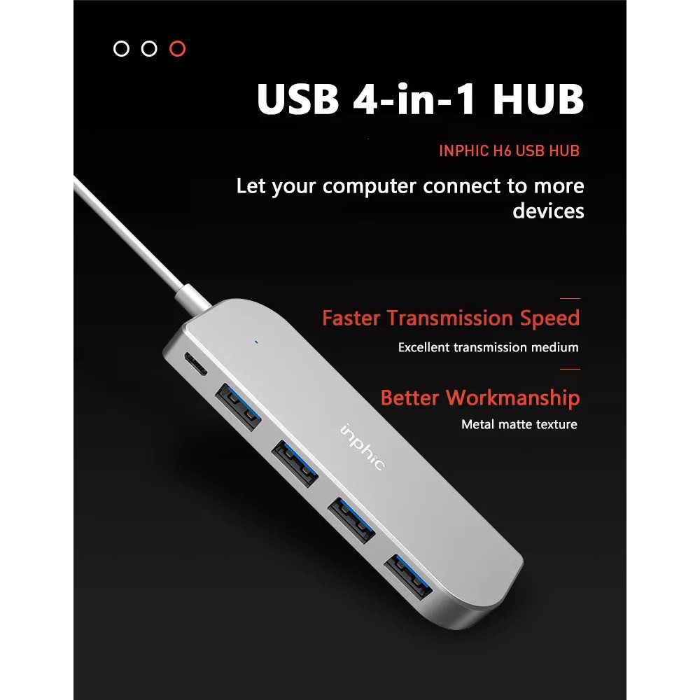 Inphic H6 USB type-C Hub【100cm】ตัวเพิ่มช่องพิ่ม4+1ช่องUSB Hub4+1 ports ...