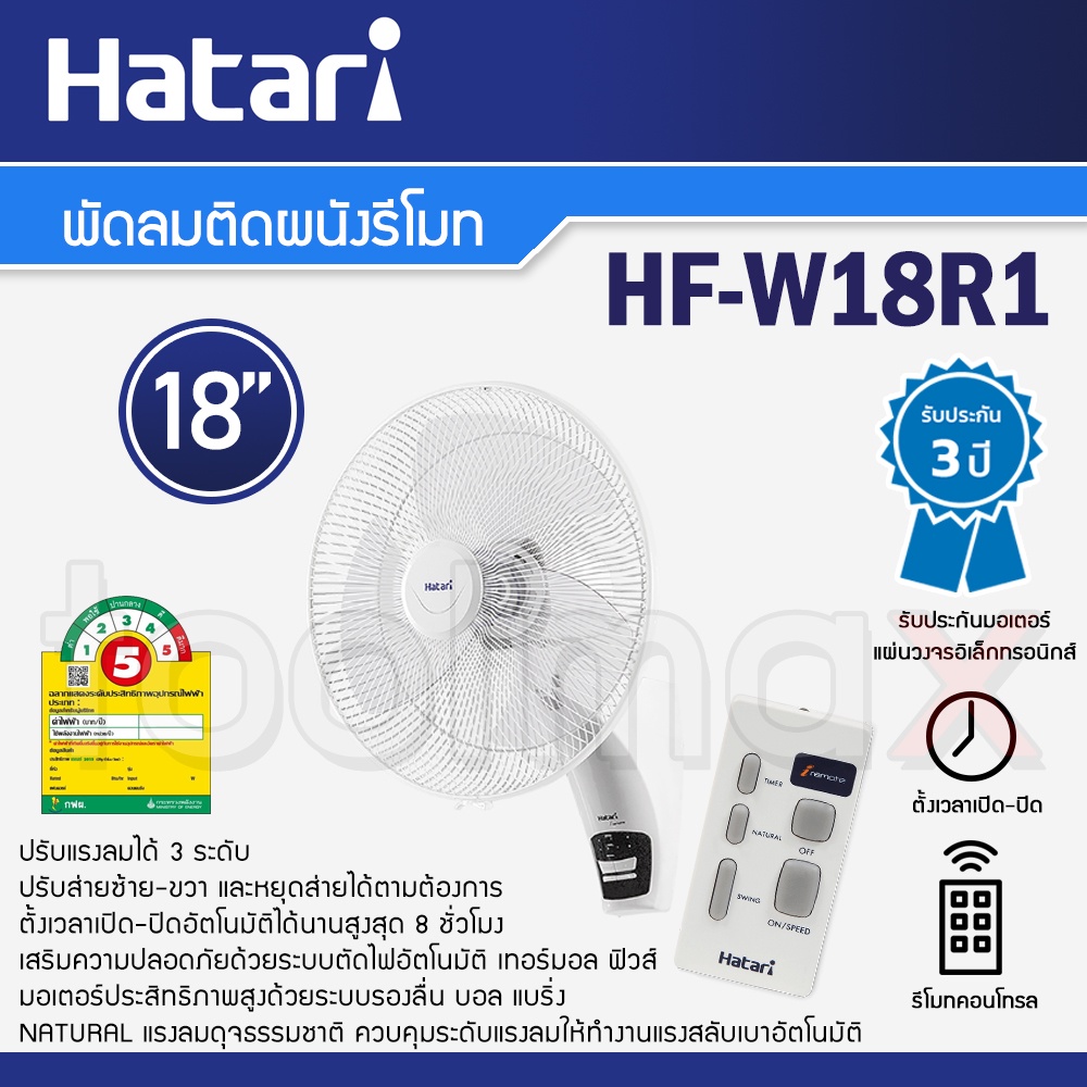 Hatari พัดลมติดผนัง พร้อมรีโมท 18 นิ้ว รุ่น HF-W18R1 สีขาว | Shopee ...