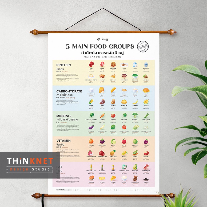 ภาพแขวนผนังคำศัพท์อาหารหลัก 5 หมู่ 3 ภาษา Vocab: 5 Main Food Groups ...