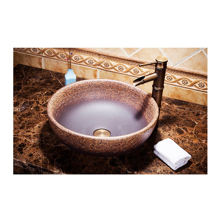 อ่างล้างหน้าเซรามิกทรงกลมลายย้อนยุค สีน้ำตาล ID3186 | Shopee Thailand