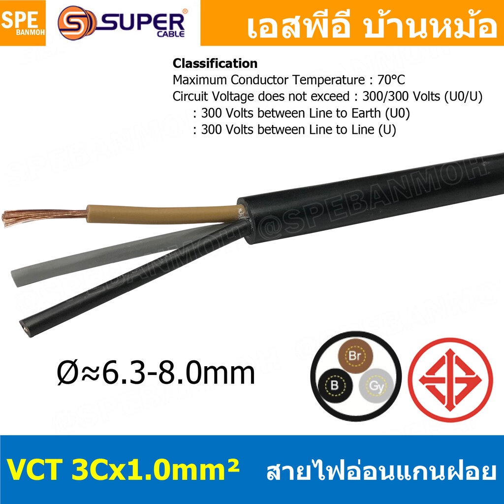 [ 2 เมตร ] VCT-3x1.0 สาย VCT 3C X 1.0 sq.mm สายอ่อน 3 คอร์ Size 1.0 sq.mm VCT AC Power Cable ...