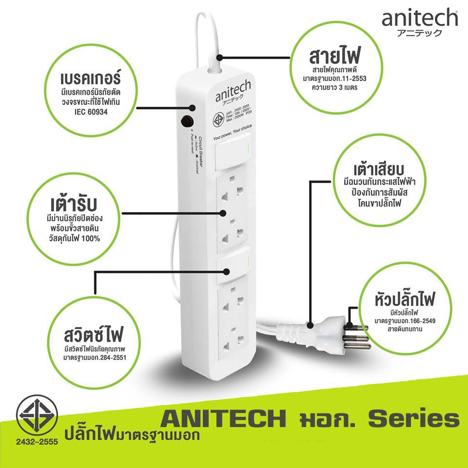 ปลั๊กไฟ Anitech H654 TIS STANDARD POWER STRIP สายยาว 5 เมตร | Shopee ...