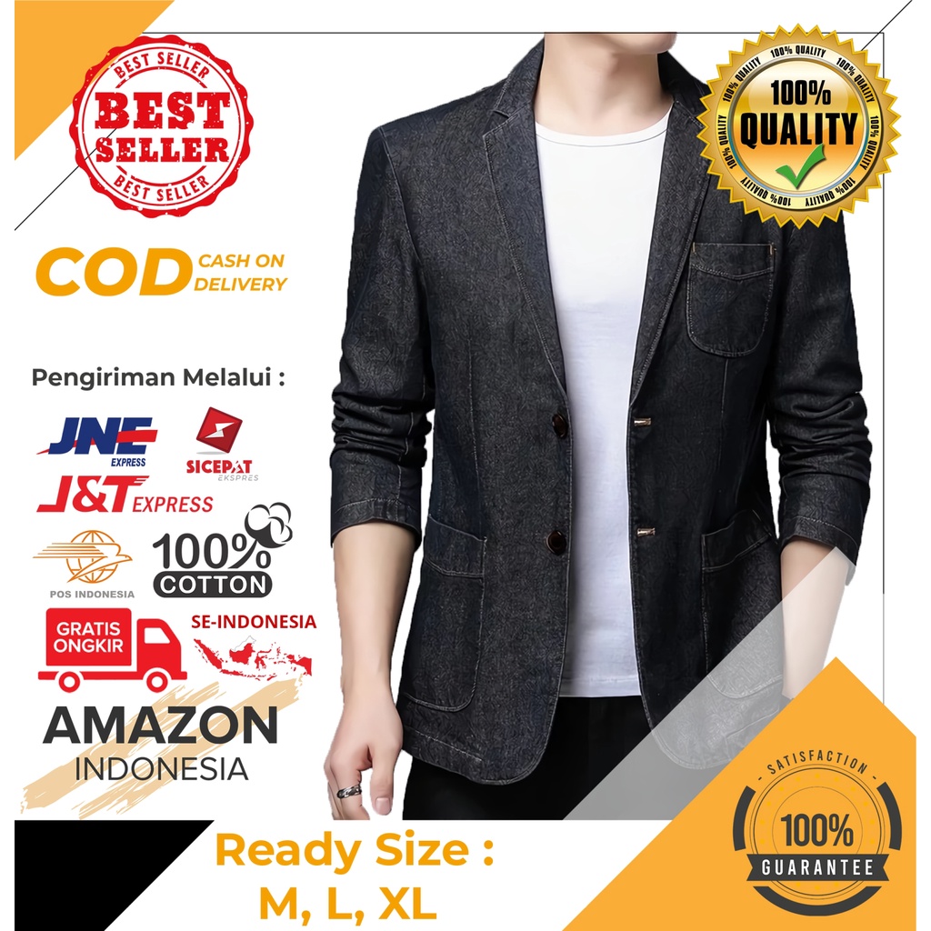 Hitam Jas BLAZER Men STYLE CASUAL แขนยาวสีดํากางเกงยีนส์สีดําวัสดุผ้า ...