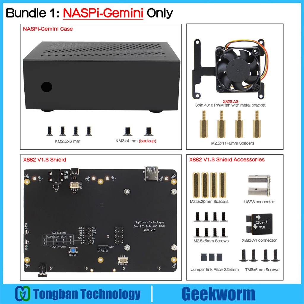 Geekworm NASPi Gemini Dual 2.5" SATA HDD/SSD NAS Case Kit with PWM Fan ...