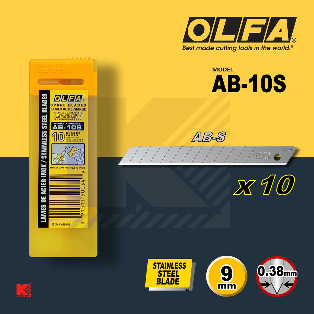 ใบคัตเตอร์ OLFA รุ่น AB-10S (ใบสแตนเลสมาตราฐาน 80 มม. ปลายแหลม 45 องศา) | Shopee Thailand