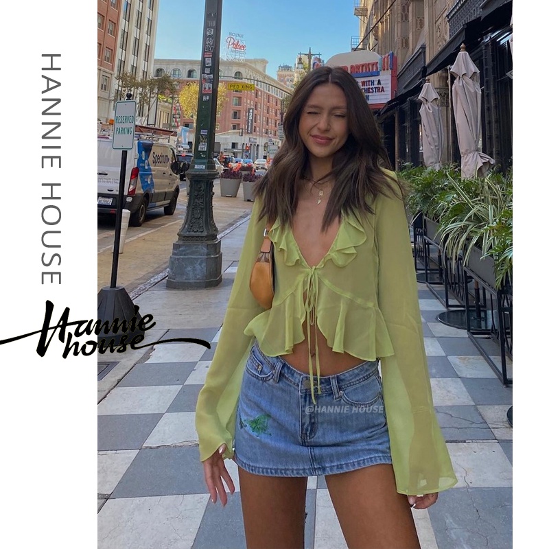 Hannie- เสื้อเบลาส์ คอวีลึก แขนยาว ผ้าชีฟอง จับจีบ สําหรับผู้หญิง ...