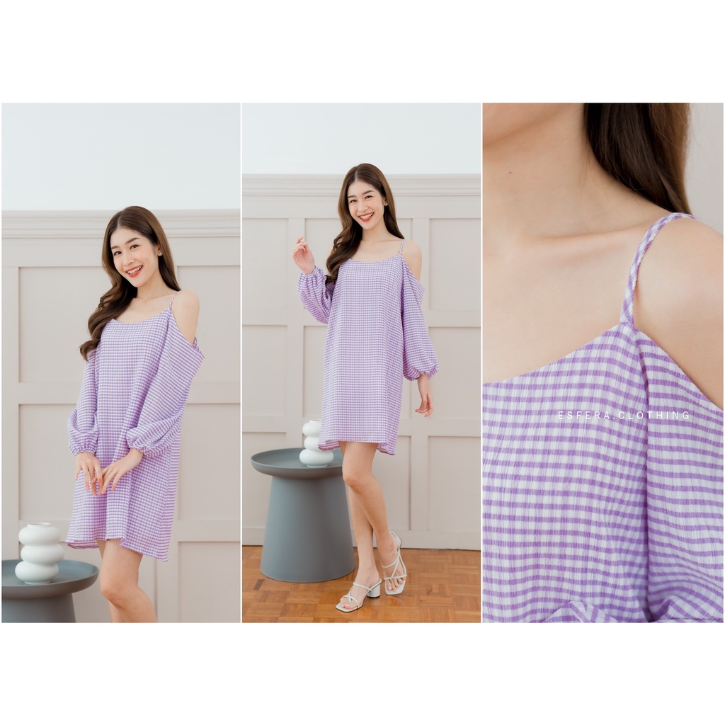 เดรสสั้นใส่เที่ยวน่ารักๆ DR063-2*ม่วงพาสเทลลายสก๊อต | Shopee Thailand