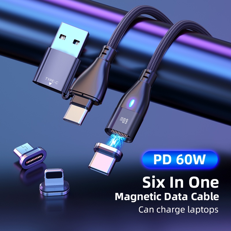 Aufu 6 in 1 PD 60W สายชาร์จเร็ว USB C เป็น Type C Micro สายชาร์จข้อมูลแม่เหล็ก สําหรับ android ...