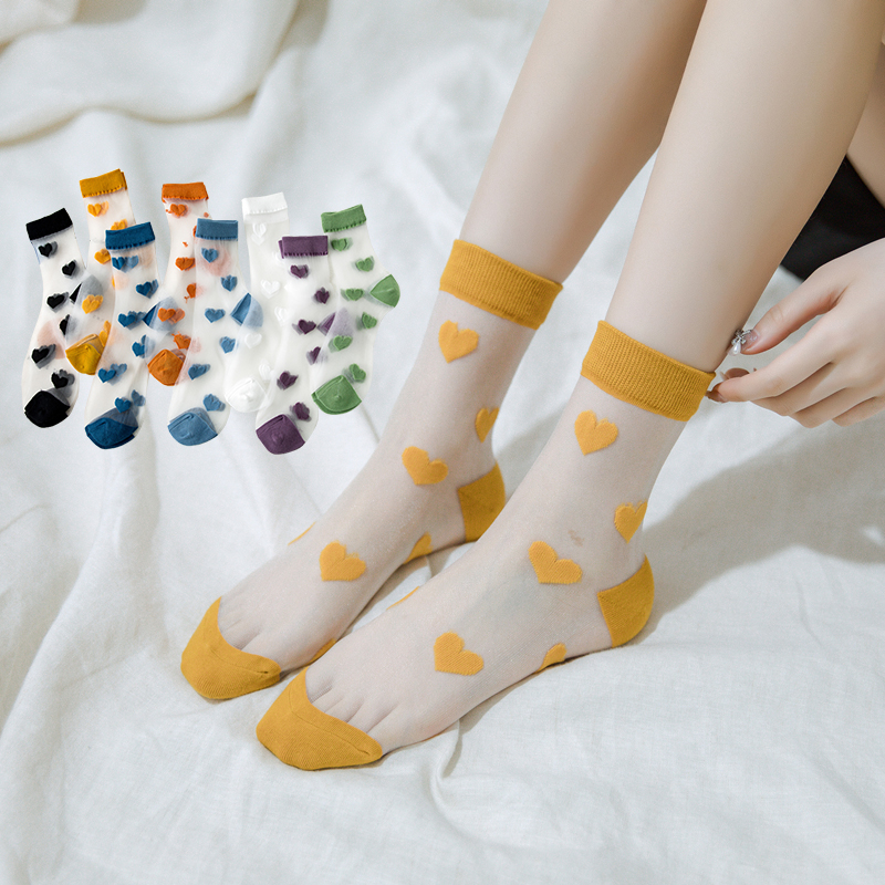 Lovely Thin Sheer Socks With Heart Ladies Nylon Mesh Crew Socks Lace ...