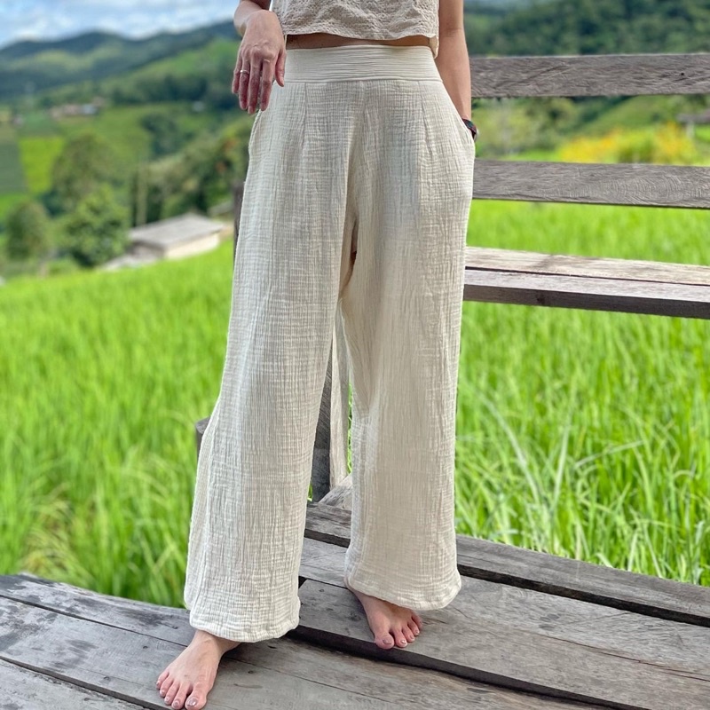 Aurora pant กางเกงผ้าสาลูย่น 3ชั้น /atama pant | Shopee Thailand