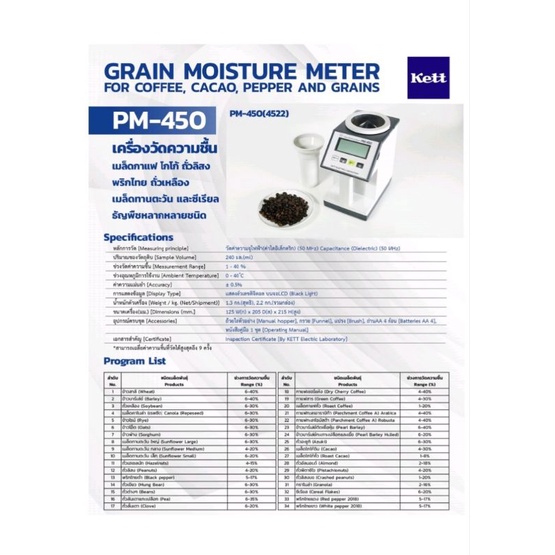 เครื่องวัดความชื้นเมล็ดกาแฟ และ ผลิตผลทางการเกษตรสูงสุด 25 ชนิด KETT PM-450 (TYPE4522) | Shopee ...