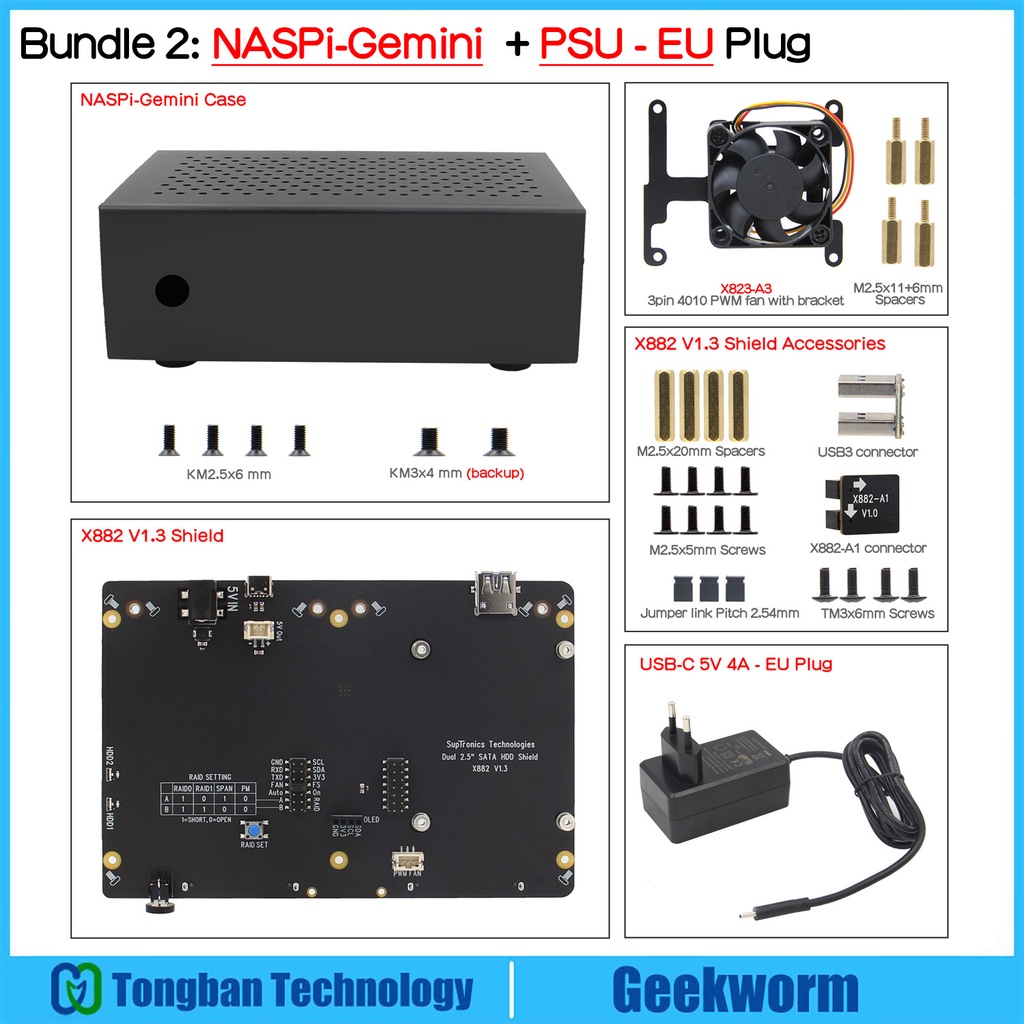 Geekworm NASPi Gemini Dual 2.5" SATA HDD/SSD NAS Case Kit with PWM Fan ...