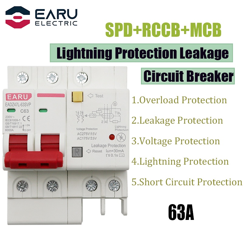 63A 2P SPD Residual Current Circuit Breaker With Overload Overvoltage ...