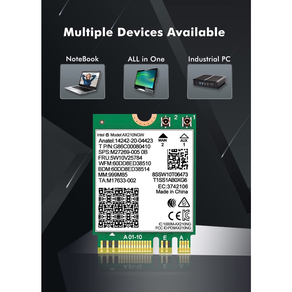 อะแดปเตอร์การ์ดเครือข่ายไร้สาย WiFi 6E Intel AX210 NGW Ax200 บลูทูธ 5.3 ...