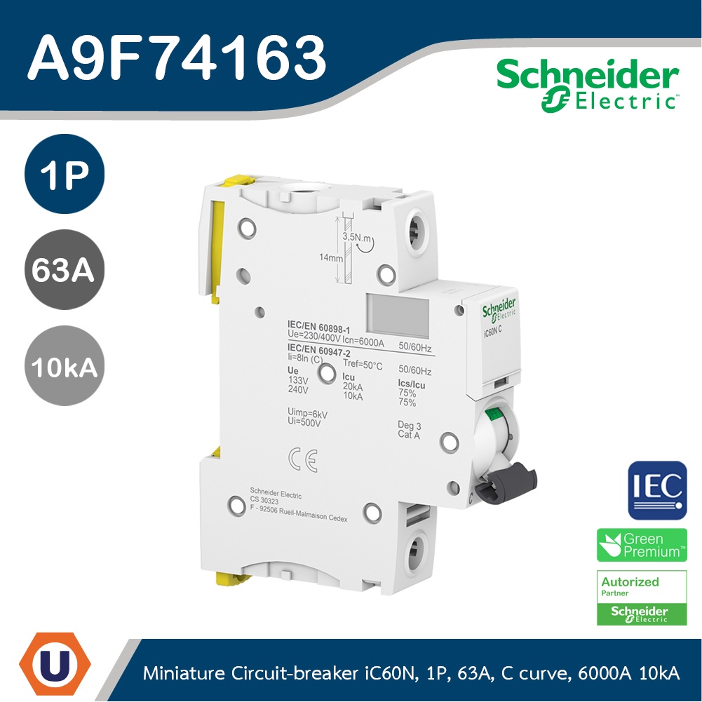 Schneider Electric Acti9 iC60N, 1P, 63 A, C curve, 10 kA (IEC 60947-2 ...
