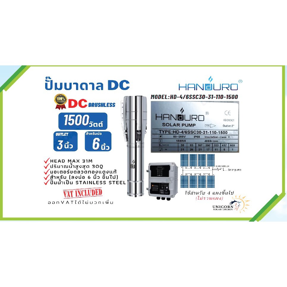 โซล่าร์ปั๊มบาดาล HANDURO 1500W ท่อออก 3'' บ่อ 6นิ้ว รุ่น HD-4/6SSC30-31 ...