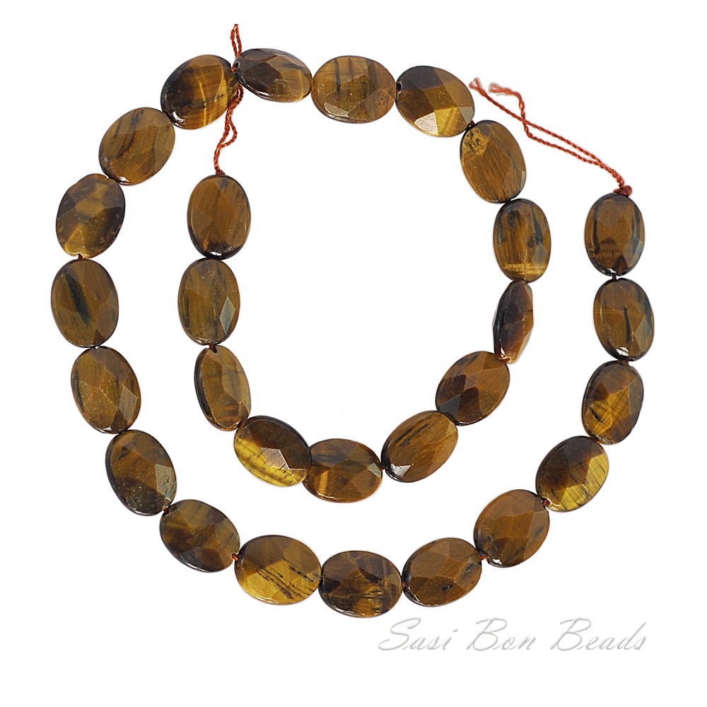 ลูกปัดหินแท้ ลักษณะทรงรูปไข่แบนเจียรเหลี่ยม หินพลอยตาเสือ (Tiger Eye ...