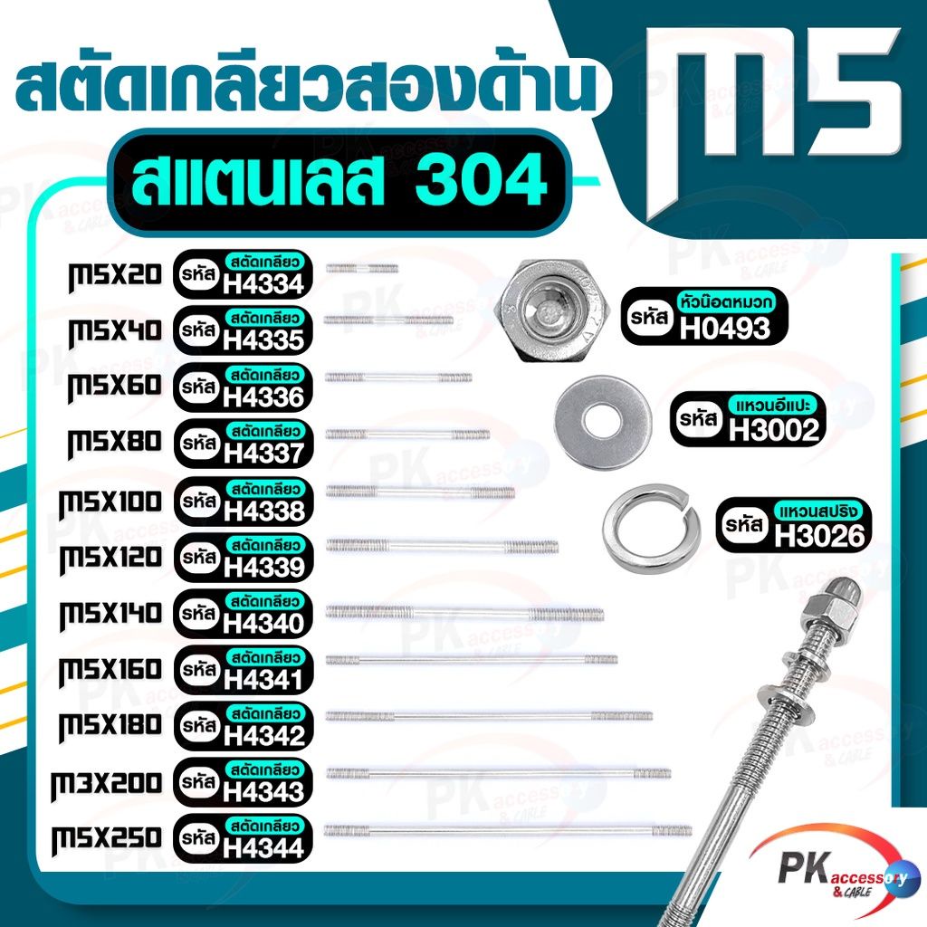สตัดเกลียวสองด้าน สแตนเลส304 M5 ประกอบด้วย(สตัดเกลียว+หัวน็อตหมวก+แหวนอีแปะ+แหวนสปริง) M5x20 ...