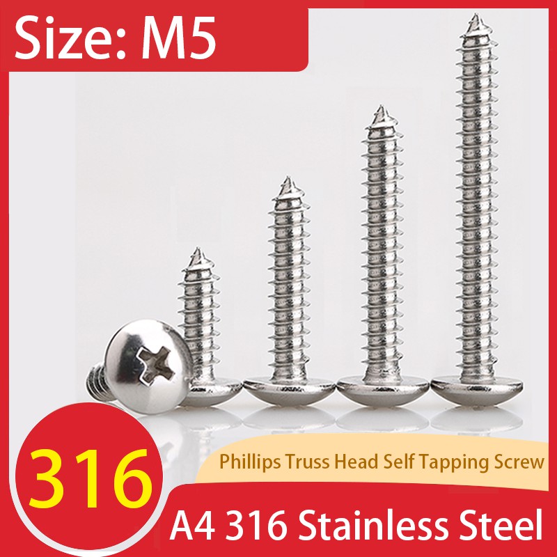 M5 Phillips Truss Head Sheet Metal Self Tapping Screws - A4 316 Stainless Steel | Shopee Thailand