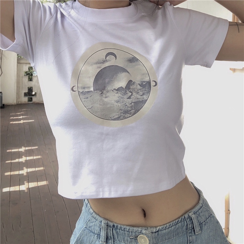 【WANG JIAO ZHAN】 เสื้อยืดแขนสั้น เอวสูง พิมพ์ลายเกาหลี สำหรับผู้หญิง ...
