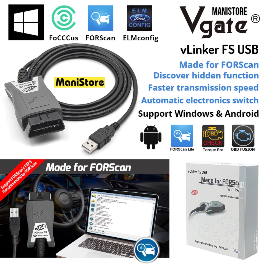 Vgate Vlinker FS USB ELM327 OBD2 Car Diagnostic Tool for FORScan OBD2 ...