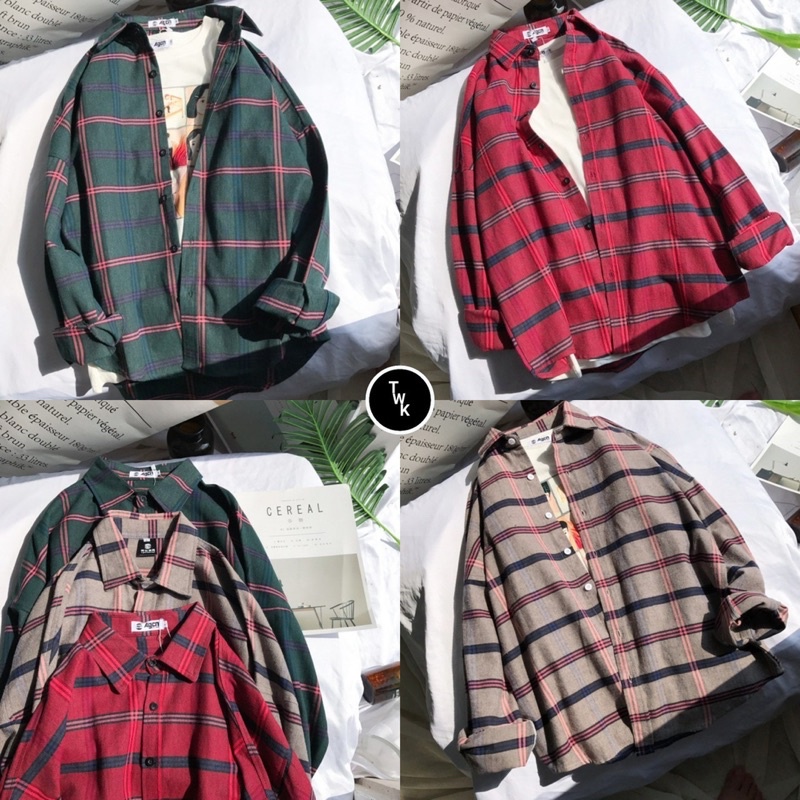 พร้อมส่งจากไทย เสื้อเชิ้ตลายสก็อต เชิ้ตแขนยาว ใส่คลุม แนวเกาหลีโอปป้า🇰🇷