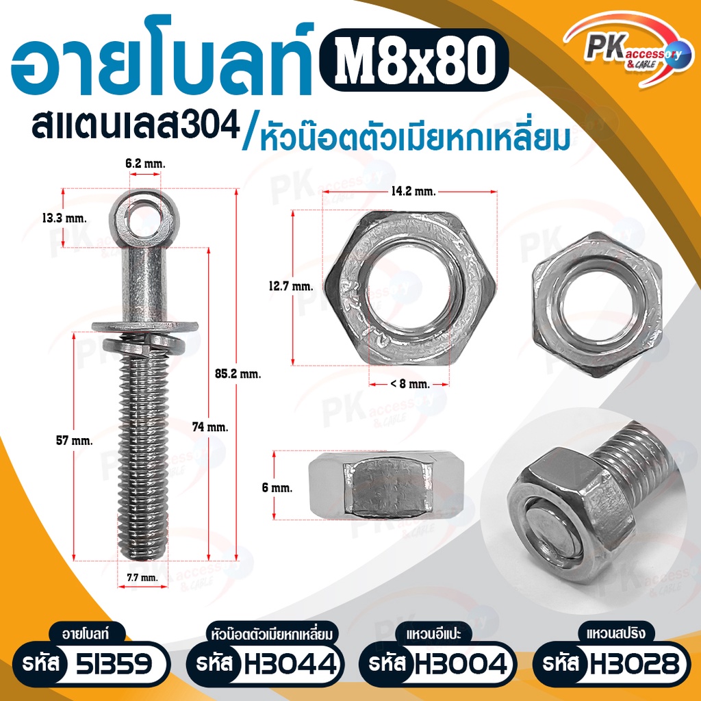 อายโบลท์ S สแตนเลส 304 M6 / M8 แบบชุดขนาดเล็ก ประกอบด้วย (อายโบลท์+แหวนอีแปะ+แหวนสปริง+หัวน็อต ...