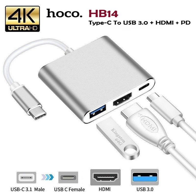 Hoco HB14 ของแท้ 100% Easy use Type-C adapter (Type-C to USB3.0+HDMI+PD) | Shopee Thailand