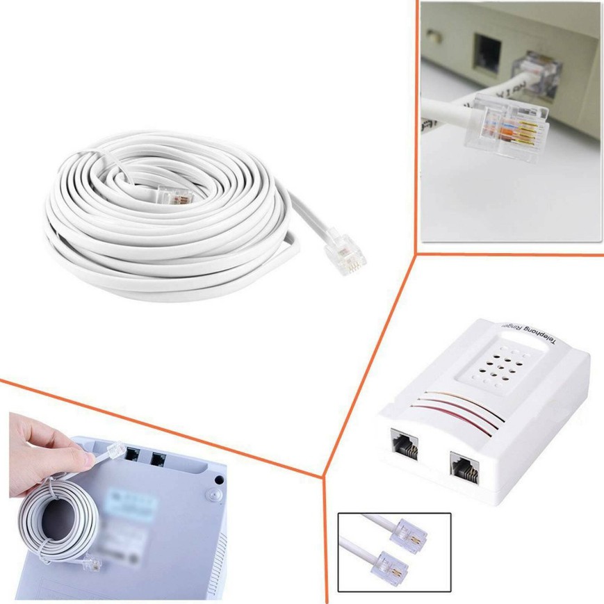 สายโทรศัพท์ 4 Core แบบแบน สีขาว พร้อมหัว RJ11 แบบ 6P4C 2/5/10/15/20m ...