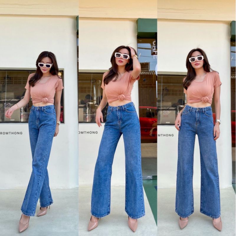 กางเกงยีนส์เอวสูงทรงกระบอก ป้ายPROMTHONG | Shopee Thailand
