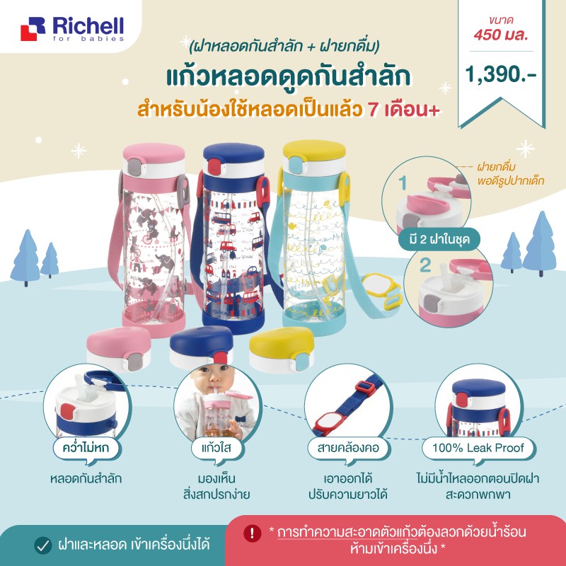 Richell แก้วหลอดดูดกันสำลักรุ่น AQ ขนาด 450 มล. 2ฝา ทั้งหลอดดูด และยกดื่ม | Shopee Thailand