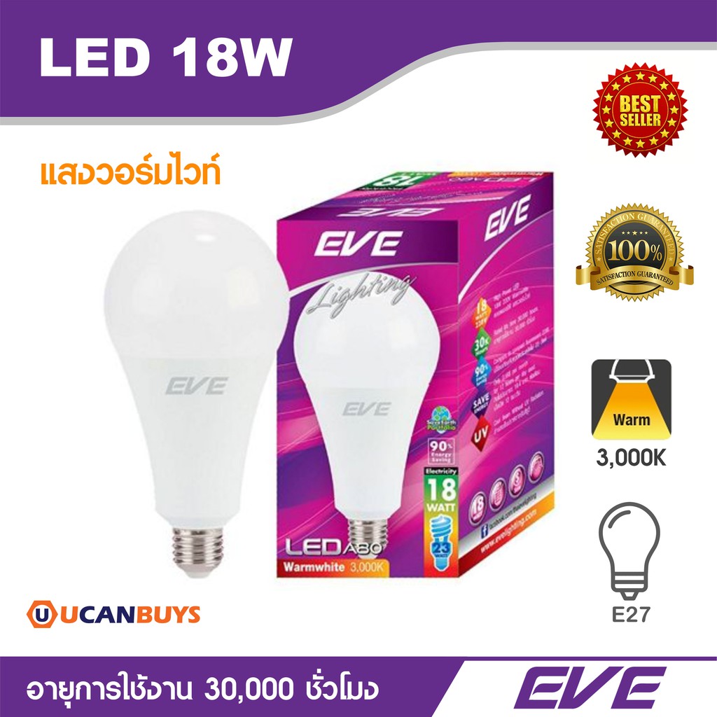 EVE หลอดไฟ LED 18W แสงวอร์มไวท์ อีฟไลท์ติ้งแอลอีดี รุ่น A80 ขนาด 18 วัตต์ แสงวอร์มไวท์ 3,000K ...