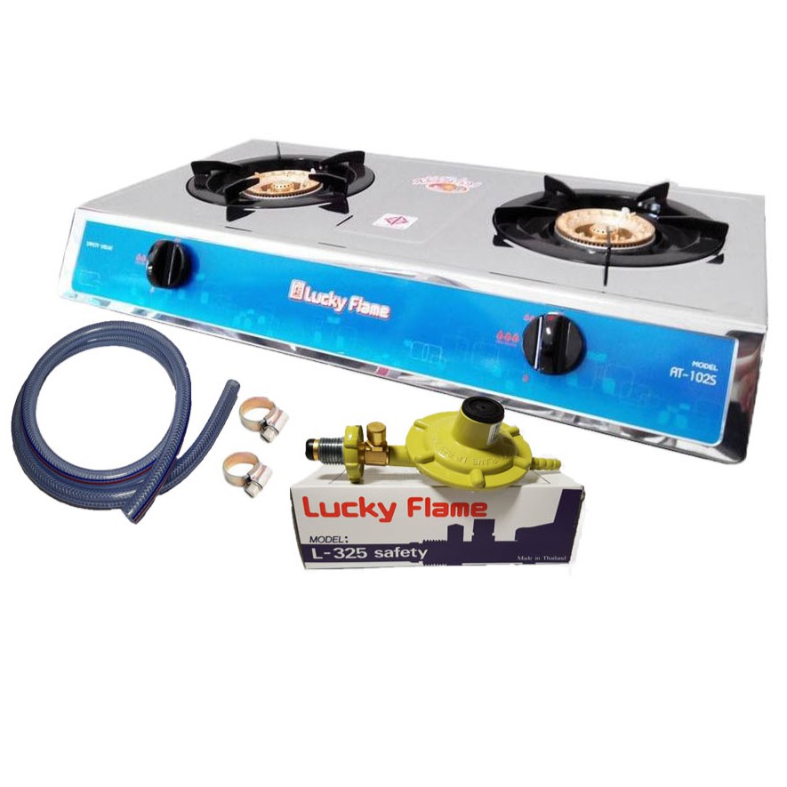 Lucky flame เตาแก๊สกล่อง 2หัว AT-102S +หัวปรับปลอดภัย L-325S | Shopee Thailand