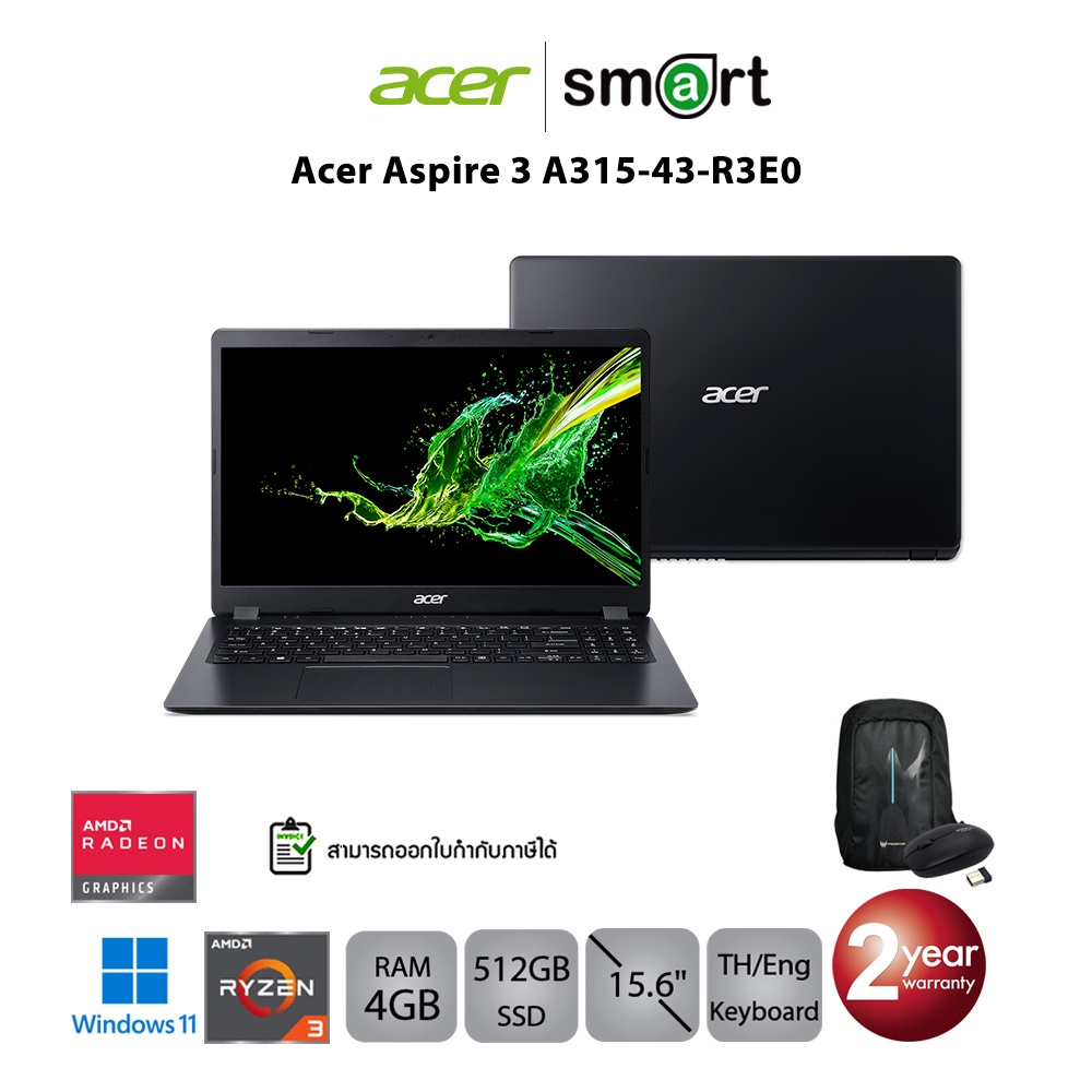 Acer Aspire 3 A315-43-R3E0 Ryzen 3 5300U/4GB/512GB/15.6/Win11 (Charcoal Black) | Shopee Thailand
